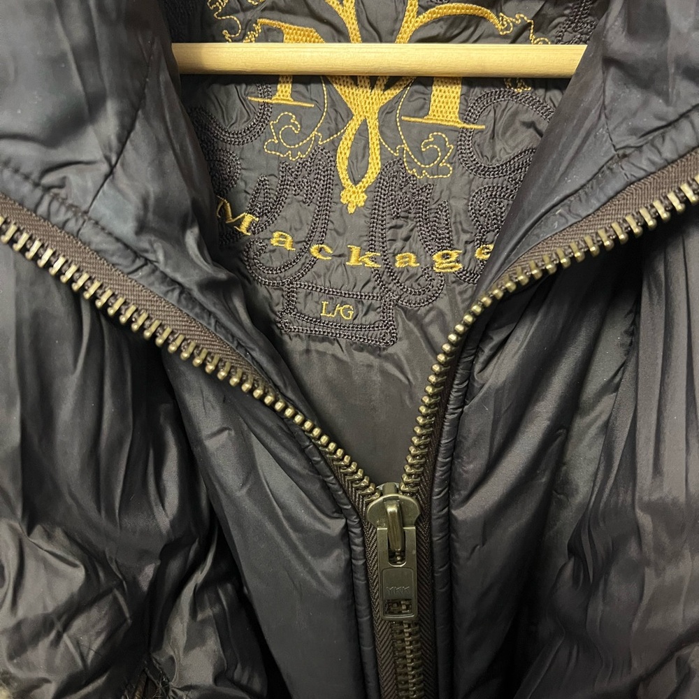 Mackage Dark Puffer Jacket With Gold Accents - Gem